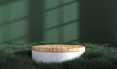 창문에서 벽에 그림자가있는 녹색 방에 붉은 색의 사실적인 잔디가있는 흰색 콘크리트에 천연 나무 연단 3d 렌더링 입체 이미지에 대한 스톡 사진 및 기타 이미지 Istock