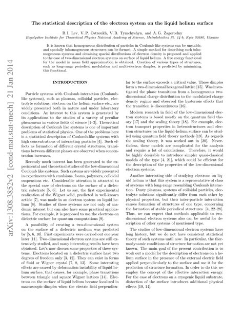 Pdf The Statistical Description Of The Electron System On The Liquid Helium Surface