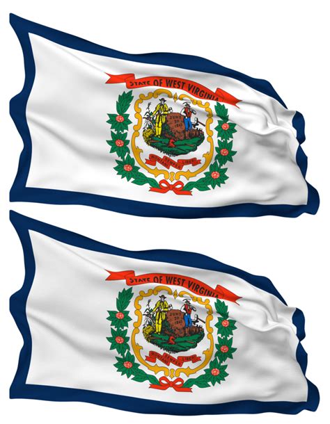 State Of West Virginia Flag Waves Isolated In Plain And Bump Texture