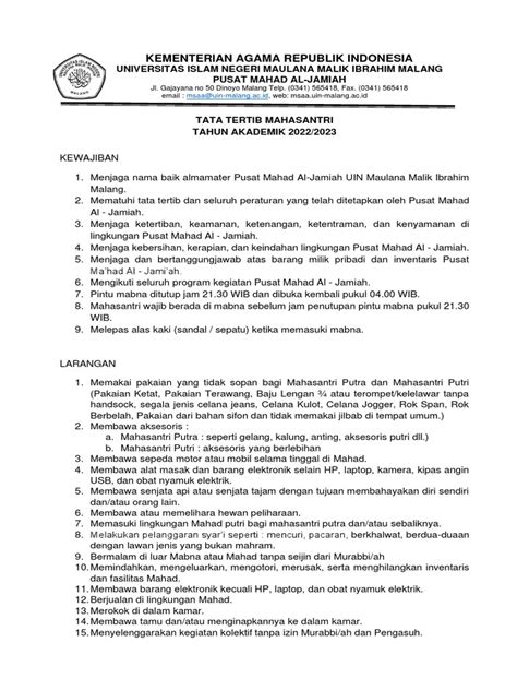 Tata Tertib Mahasantri Msaa 2022 2023 Pdf