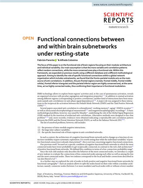 Pdf Functional Connections Between And Within Brain Subnetworks Under