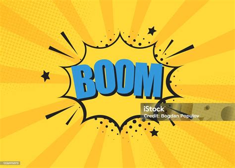 구름 하프 톤 효과와 광선 노란색 색상의 붐 만화 만화 만화 책 풍선입니다 슈퍼히어로에 대한 스톡 벡터 아트 및 기타 이미지