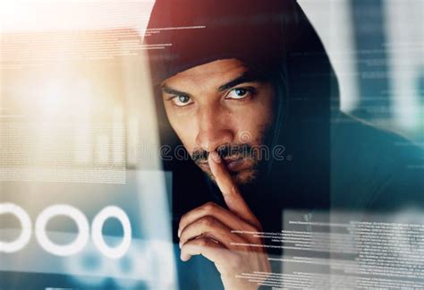 Portrait Hacking And Man With Laptop Hologram Or Serious With