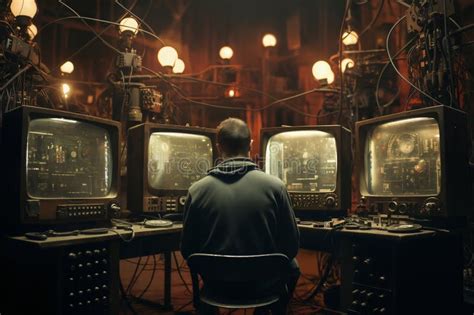 A Person In A Dark Room Controls Computer Devices For Computing And