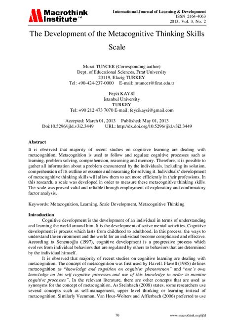 Pdf The Development Of The Metacognitive Thinking Skills Scale
