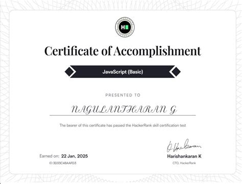 Javascript Webdevelopment Continuouslearning Hackerrank Certification Nagulantharan G