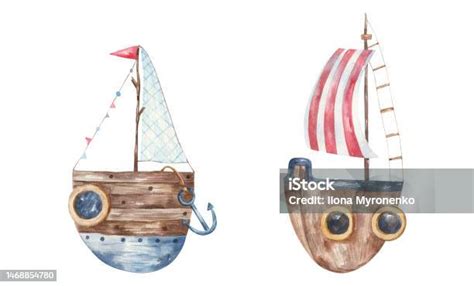 어린이 배 빨간색과 흰색 색상의 돛이 있는 요트 앵커 흰색 배경에 어린이 귀여운 수채화 그림 관광에 대한 스톡 벡터 아트 및 기타 이미지 Istock