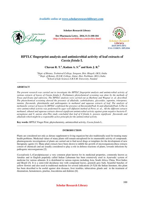 Pdf Hptlc Fingerprint Analysis And Antimicrobial Activity Of Leaf
