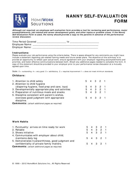 Nanny Self Evaluation Form ≡ Fill Out Printable Pdf Forms Online