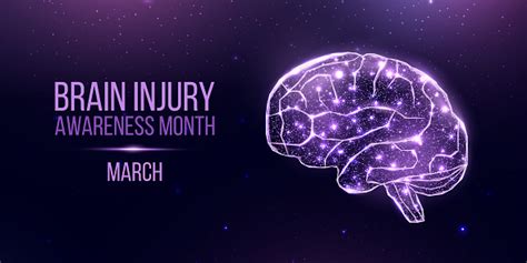 빛나는 낮은 폴리 뇌와 뇌 손상 인식 월 개념 와이어 프레임 낮은 폴리 스타일 짙은 파란색 배경에 추상 현대 3d 벡터 그림 뇌에 대한 스톡 벡터 아트 및 기타 이미지