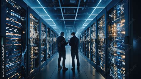 Technicians Monitoring Server Racks And Network Infrastructure In A Bustling Data Center
