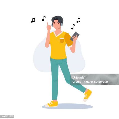 헤드폰을 착용하고 휴대 전화에서 음악을 듣는 전체 길이 남자 플랫 벡터 만화 캐릭터 그림 Mp3 플레이어에 대한 스톡 벡터 아트 및 기타 이미지 Mp3 플레이어 개념