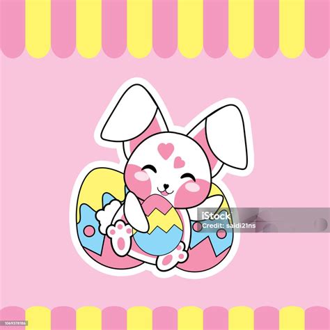 귀여운 토끼와 계란 부활절 엽서 적합 노란색 핑크 프레임에 부활절 인사 카드 0명에 대한 스톡 벡터 아트 및 기타 이미지 0명 4월 계절 Istock