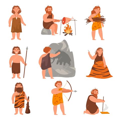 Premium Vector Stone Age People Ancient Cute Men And Women Cook Sew Clothes From Skins Hunt