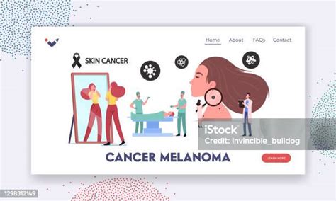 피부암 랜딩 페이지 템플릿 작은 의사 종양 전문의 캐릭터는 거대한 돋보기 수술로 여성 두더지 검사 사람 얼굴에 대한 스톡 벡터 아트 및 기타 이미지 Istock