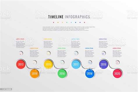 흰색 배경에 8 라운드 요소 연도 표시 및 텍스트 상자와 수평 비즈니스 타임 라인 현실적인 3d 종이 컷 인포 그래픽 템플릿 현대 벡터 회사 역사 프리젠 테이션 Eps 10