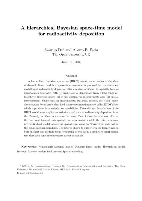 Pdf A Hierarchical Bayesian Space Time Model For Radioactivity Deposition