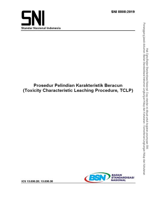 Sni 8808 2019 Prosedur Pelindian Karakteristik Beracun Toxicity Characteristic Leaching