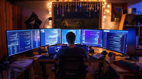 Back View Of Software Developer Coding Program Or Engineering Prompt Aig42 Stock Image Image