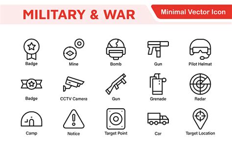 군사 및 전쟁 아이콘 세트 방어 및 전투 테마를 나타내는 강력한 아이콘 컬렉션으로 교육 자료 군사 웹사이트 및 역사 프로젝트를 향상시키는 데 적합합니다 개념 기호에 대한