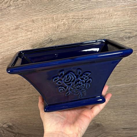 Vintage Blue Ceramic Rectangular Embossed Floral Motif Centrepiece