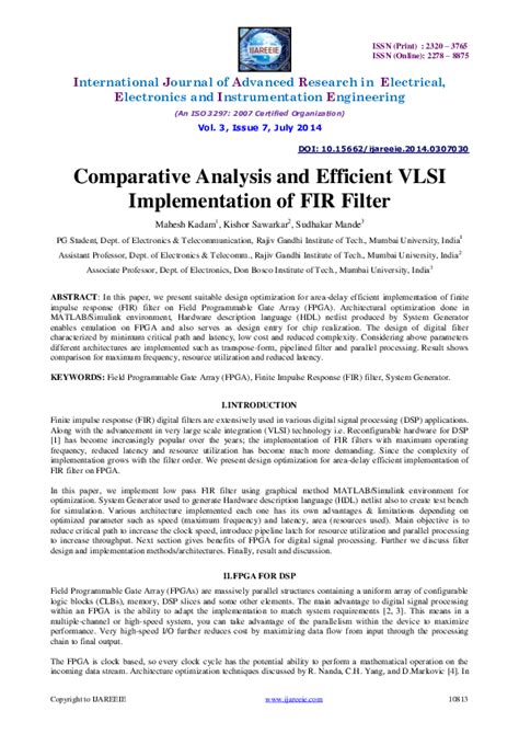 Pdf Comparative Analysis And Efficient Vlsi Implementation Of Fir Filter