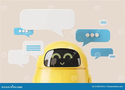 3d Rendering Smiling Robot With Mock Up Texts Bubbles And Messages Stock Illustration