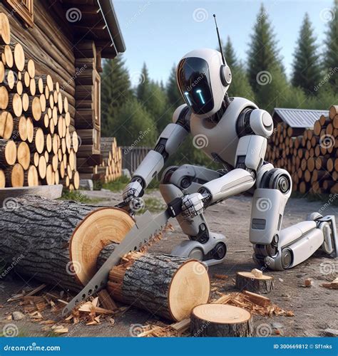A Modern Robot Cutting Wood Logs Outside A Wooden Cabin Showcasing