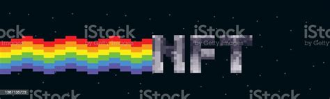 Nft 레터링 및 무지개 벡터 밈 다채로운 8 비트 픽셀 그래픽 암호화 예술 암호화 벡터 배경 화면 파노라마 플랫 디지털 벡터 일러스트레이션 무지개에 대한 스톡 벡터 아트