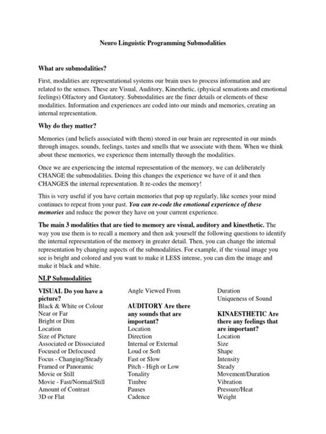 Neuro Linguistic Programming Submodalities Pdf Experience Memory