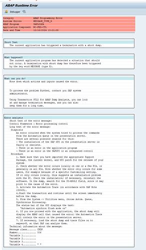 abap runtime error after clicking a button in sap activities uipath