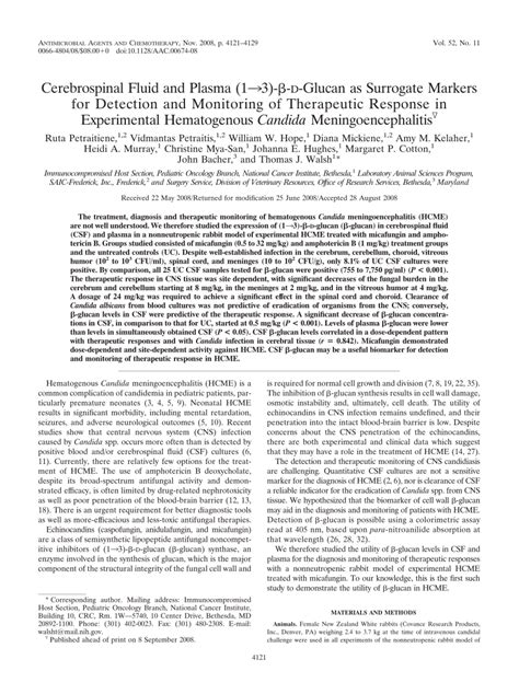 Pdf Cerebrospinal Fluid And Plasma 1 3 D Glucan As Surrogate Markers For Detection And