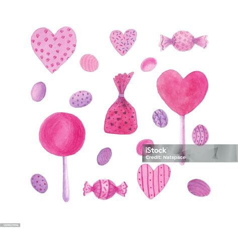 사탕 캐러멜 롤리팝 컴핏과 사탕 마음 과자 집합입니다 흰색 배경에 수채화 그림 개체 그룹에 대한 스톡 벡터 아트 및 기타 이미지 개체 그룹 검은색 공휴일 Istock