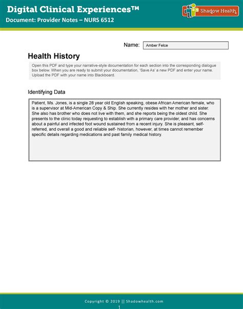 DCE Documentation Template Copyright Shadowhealth Name Health History Identifying