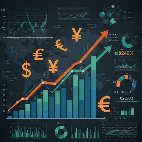 Financial Data Visualization Featuring Bar Charts Line Graphs And Currency Symbols Stock