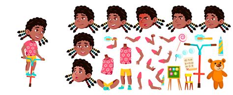 여 자가 유치원 아이 벡터입니다 블랙입니다 아프리카 미국입니다 애니메이션 만들기 세트입니다 감정 제스처를 얼굴 활성 재생 기쁨 유아입니다 엽서 커버 현수막 디자인에 대 한