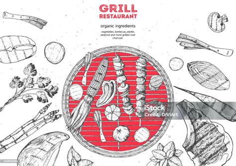 구운 고기와 야채 톱 뷰 프레임 벡터 일러스트입니다 새겨진 디자인 손으로 그린 그림입니다 그릴 레스토랑 메뉴 디자인 서식