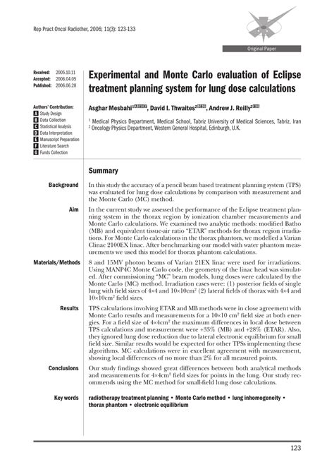 Pdf Experimental And Monte Carlo Evaluation Of Eclipse Treatment