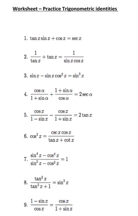 Solved Worksheet Practice Trigonometric Identities 1