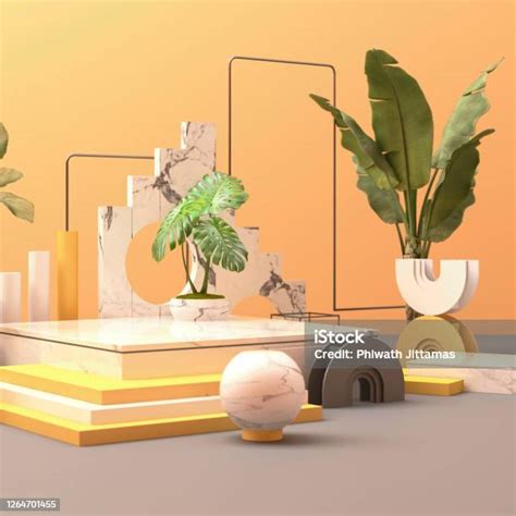 기하학적 모양이 있는 3d 렌더링 된 그림입니다 제품 프레젠테이션을 위한 파스텔 색상 플랫폼 열대 식물 잎 나무 냄비 현대 스타일의 추상적 인 구성 빈 공간이있는 미니멀 한