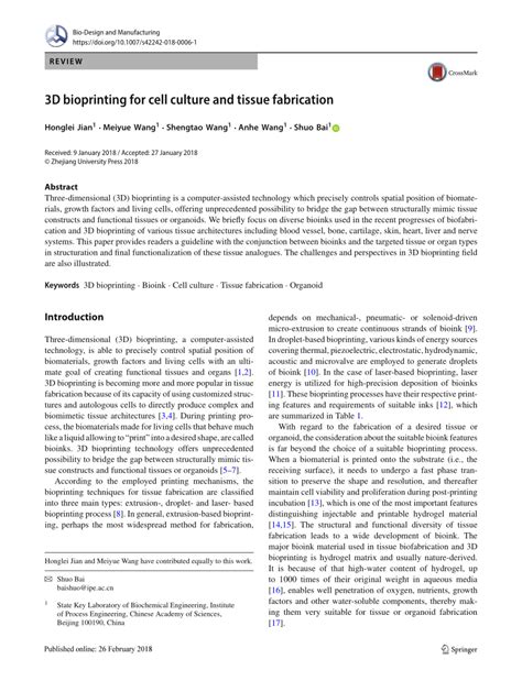 Pdf 3d Bioprinting For Cell Culture And Tissue Fabrication