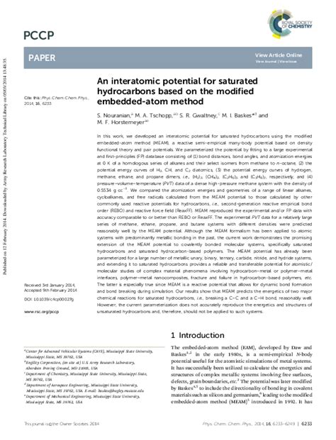 Pdf An Interatomic Potential For Saturated Hydrocarbons Based On The Modified Embedded Atom Method
