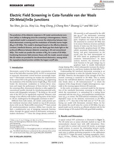 Pdf Electric Field Screening In Gate‐tunable Van Der Waals 2d‐metal Inse Junctions