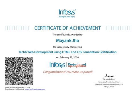 Mayank Jha On Linkedin Webdevelopment Html Css Certification Alwayslearning Infosys