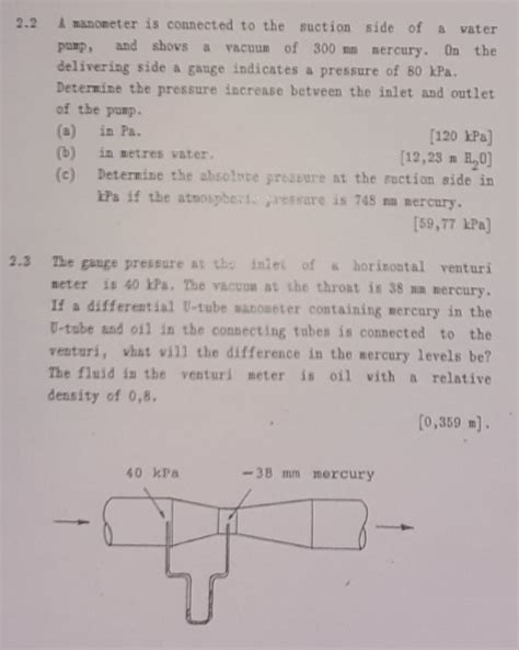 Solved A Manometer Is Connected To The Suction Side Of A Chegg Com