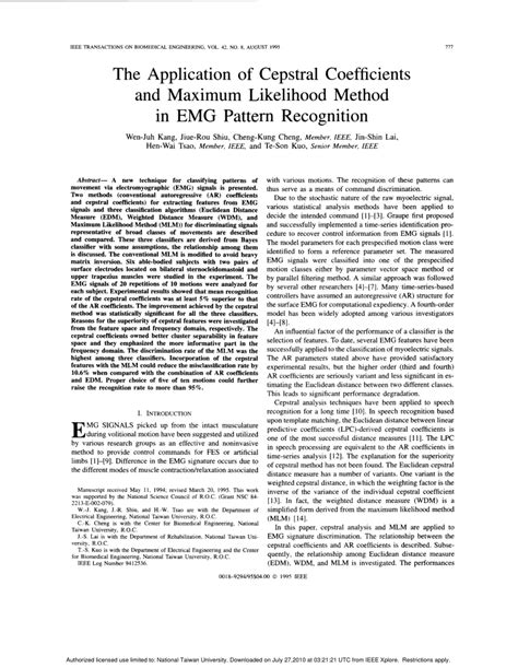 Pdf The Application Of Cepstral Coefficients And Maximum Likelihood Method In Emg Pattern