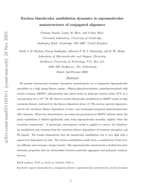 Pdf Exciton Bimolecular Annihilation Dynamics In Supramolecular Nanostructures Of Conjugated