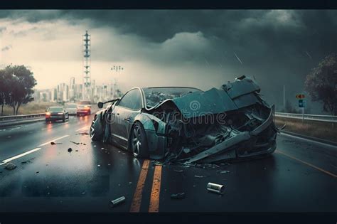 Car Accident Concept With Car Collision On City Highway Road Neural Network Generated Art Stock