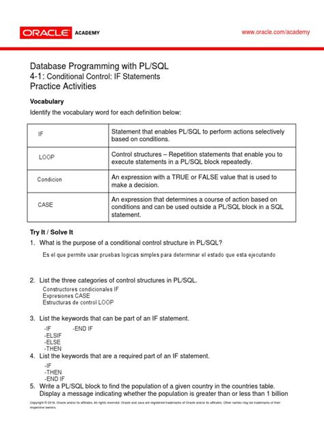 Database Programming With Plsql 4 1 Practice Activities Conditional Control If Statements Pdf