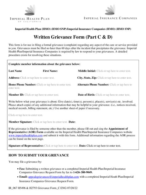 Fillable Online Written Grievance Form Part C And D Imperial Health